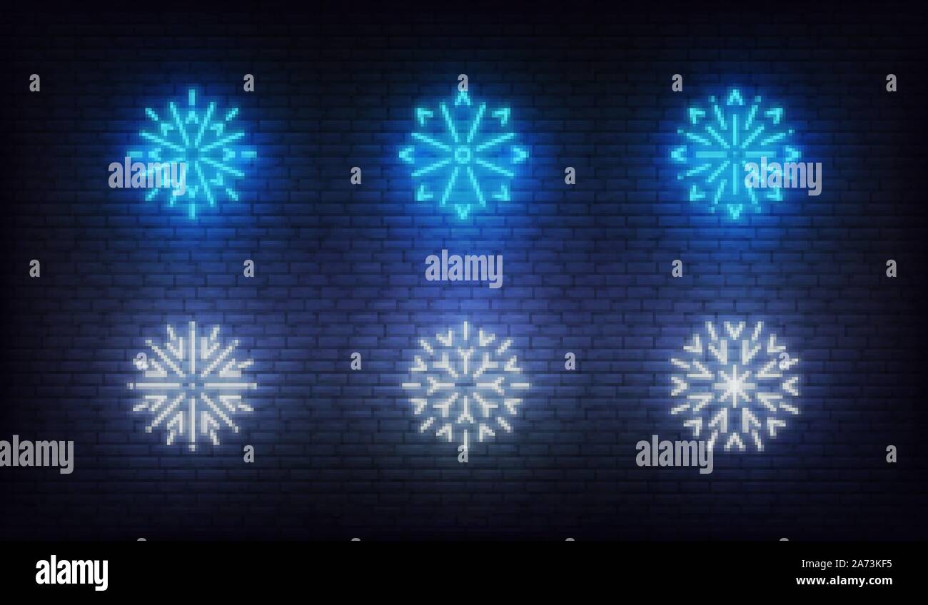 Snow neon icons. Vector glowing neon blue snowflake icons Stock Vector ...