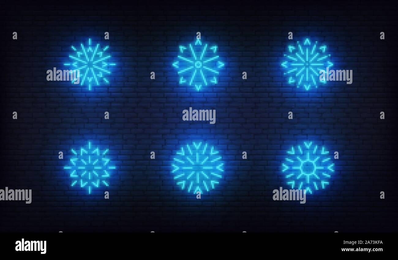 Snow neon icons. Vector glowing neon blue snowflake icons Stock Vector ...