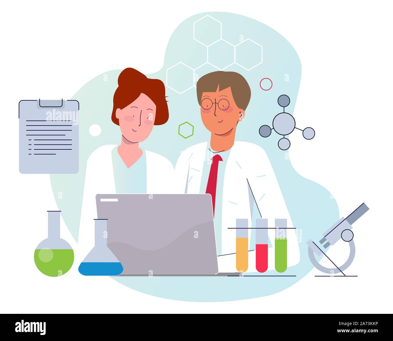 Two scientist working on lab wearing white laboratory uniform. Male and ...