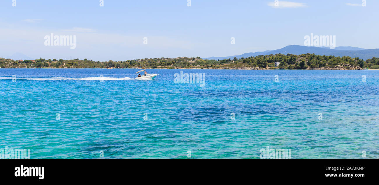 Panoramic view of speed boat on sea water . Beautiful seascape with ...