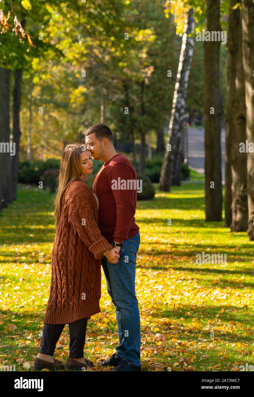 Romantic young couple in an autumn park standing holding hands and ...
