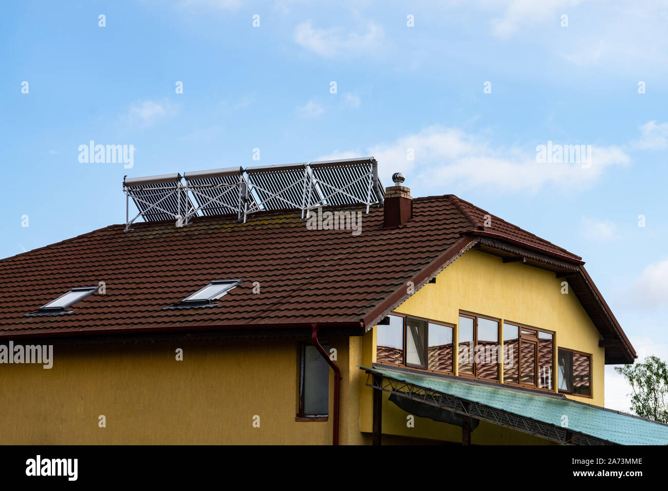 Solar water heater on roof top. Solar panel for hot water, system on ...