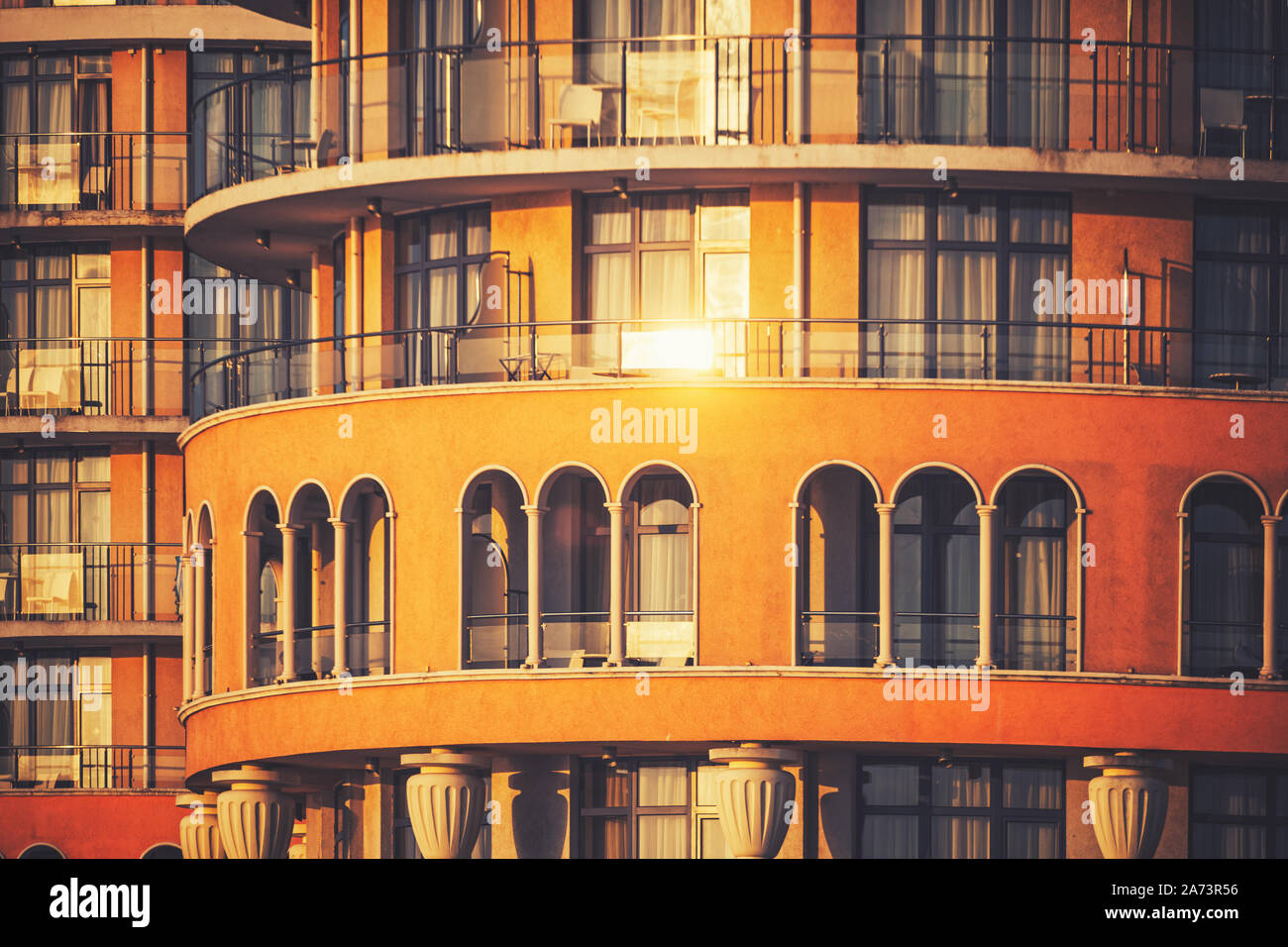 Hotel building architecture, exterior of windows and balconies and ...