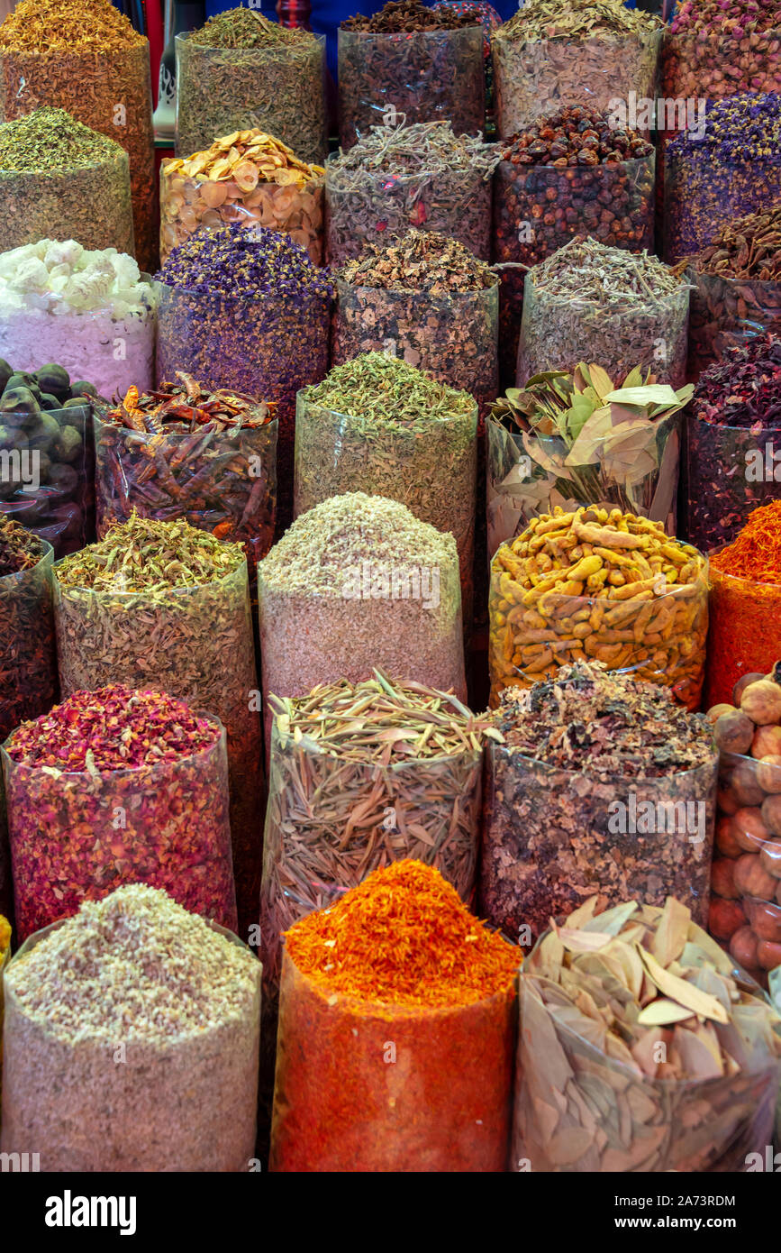 Colorful piles of spices in Dubai souks, United Arab Emirates Stock ...