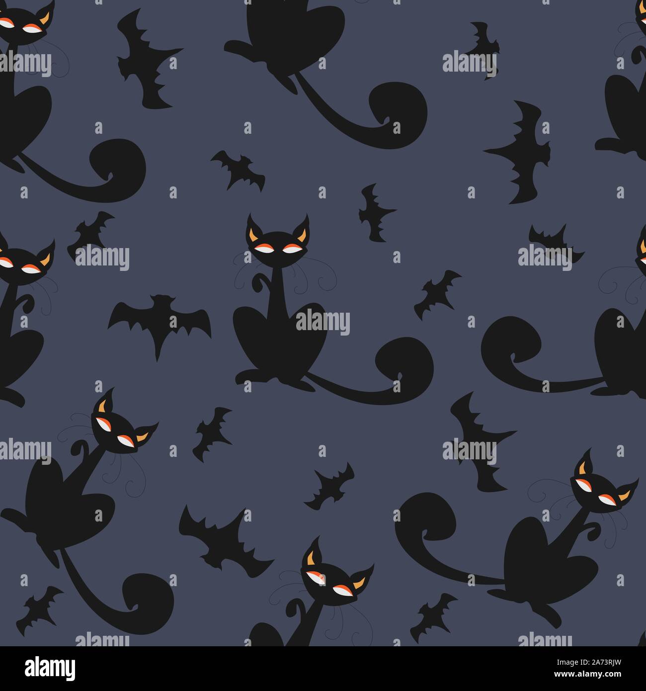 Seamless pattern of Halloween cats and bats in black, traditional ...