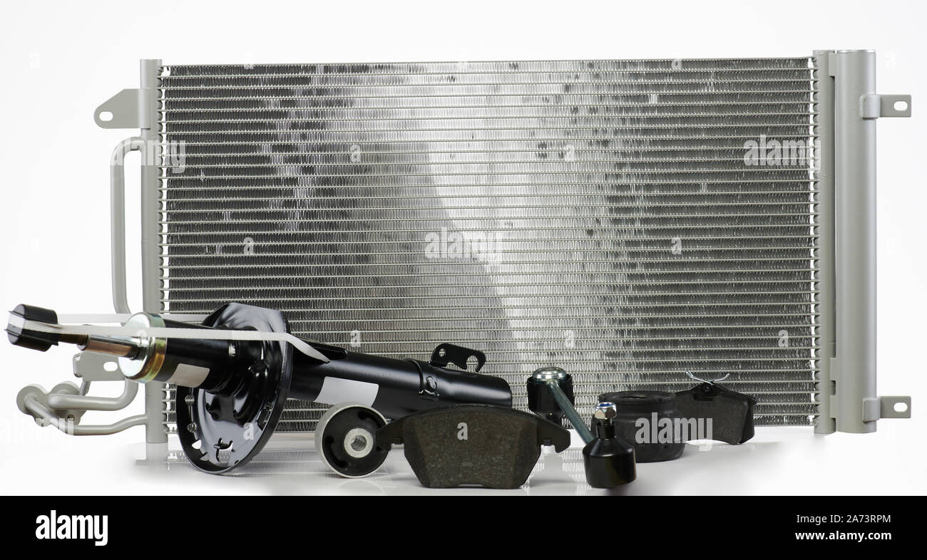 Spare car parts isolated on white background. Repairing car theme Stock ...