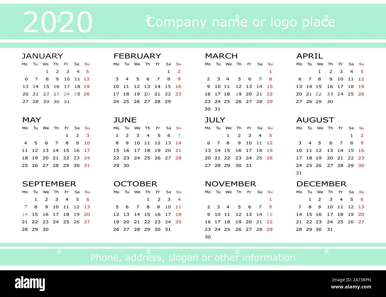Calendar for 2020. Header and footer for your company name, logo and ...