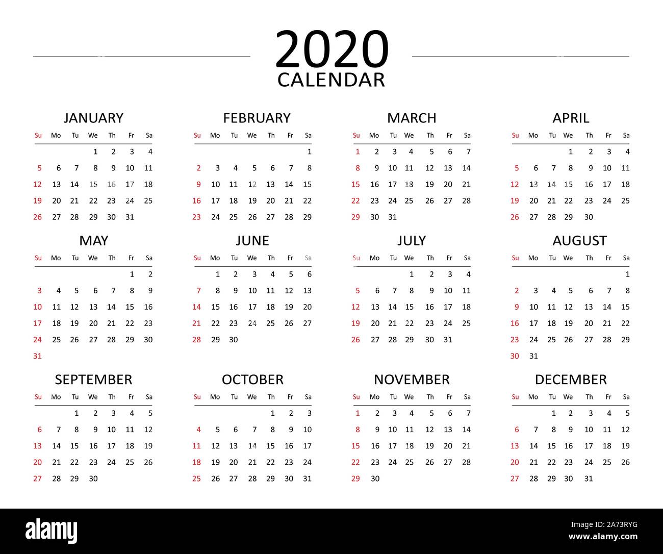 Calendar for 2020. New year. Simple and legible. Week starts on Sunday ...