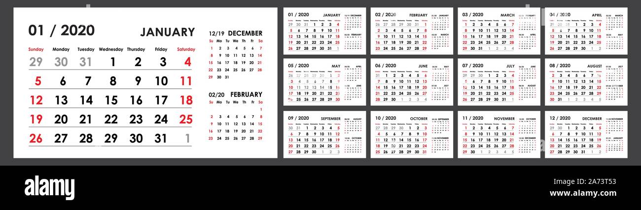 Calendar for 2020. One month and quarter on one page. Week starts from ...