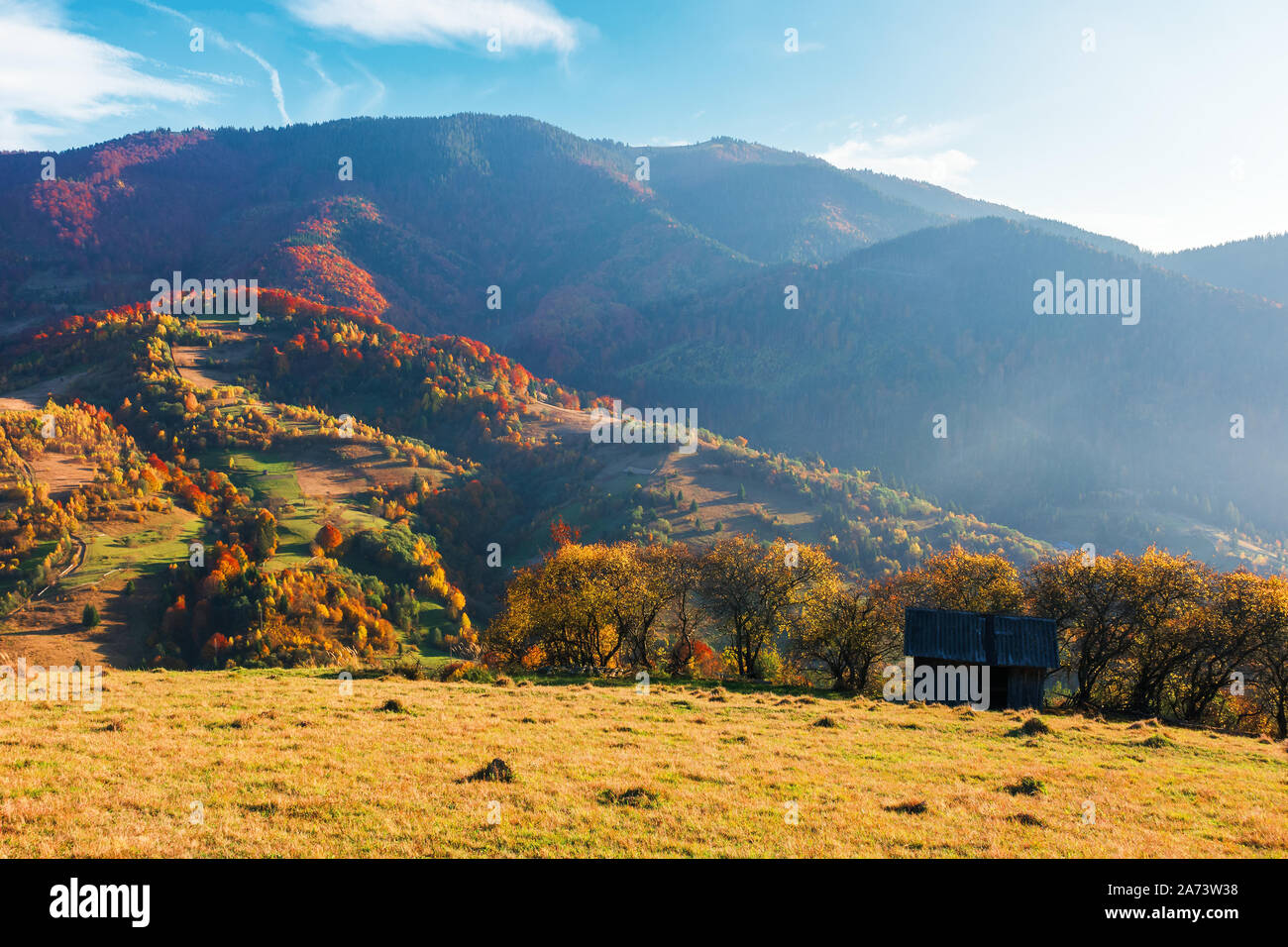 autumn sunny evening in mountain. beautiful countryside landscape ...