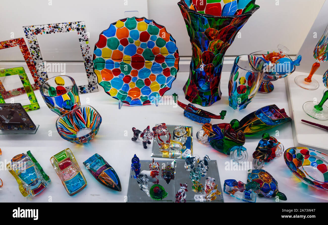 Original Murano art glass figures and glassware on display in Venetian ...