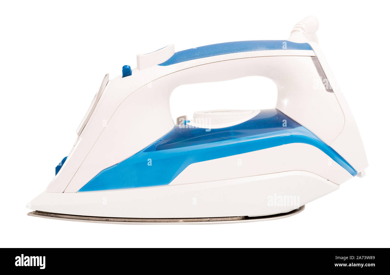 Blue and white steam iron isolated on white background Stock Photo - Alamy