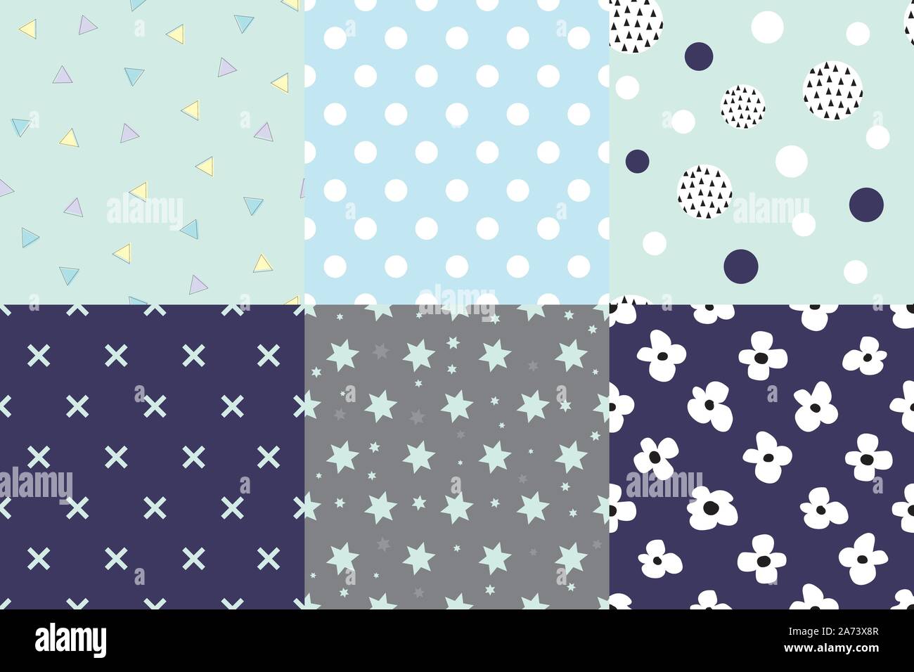 Set of cute seamless patterns. Geometric figures on colorful ...