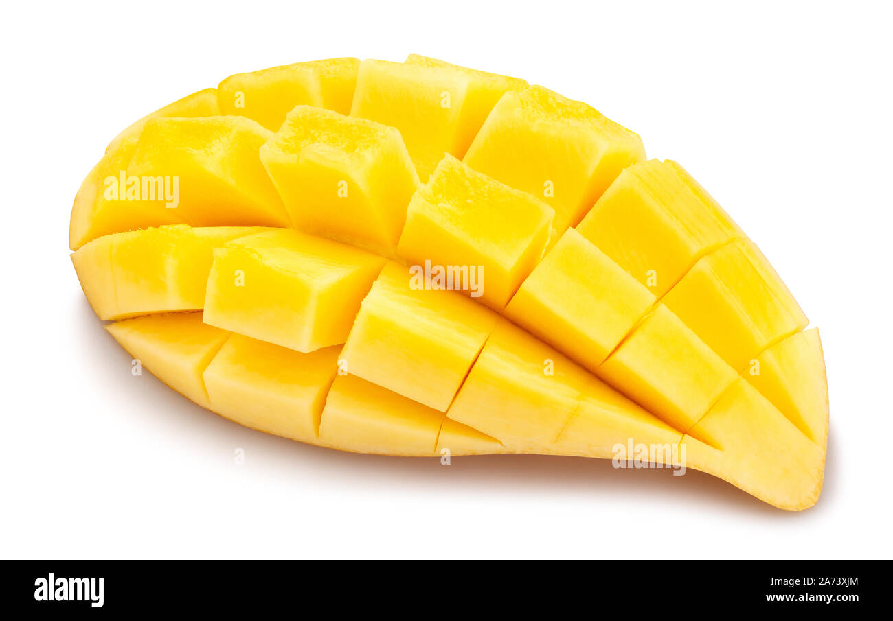 sliced yellow mango path isolated on white Stock Photo - Alamy