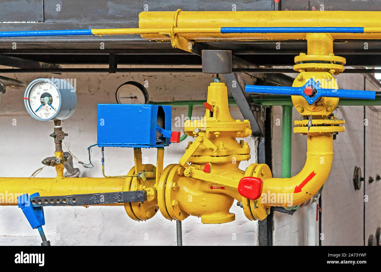 Gas boiler room equipment. Gas pipeline with safety gas valve Stock ...