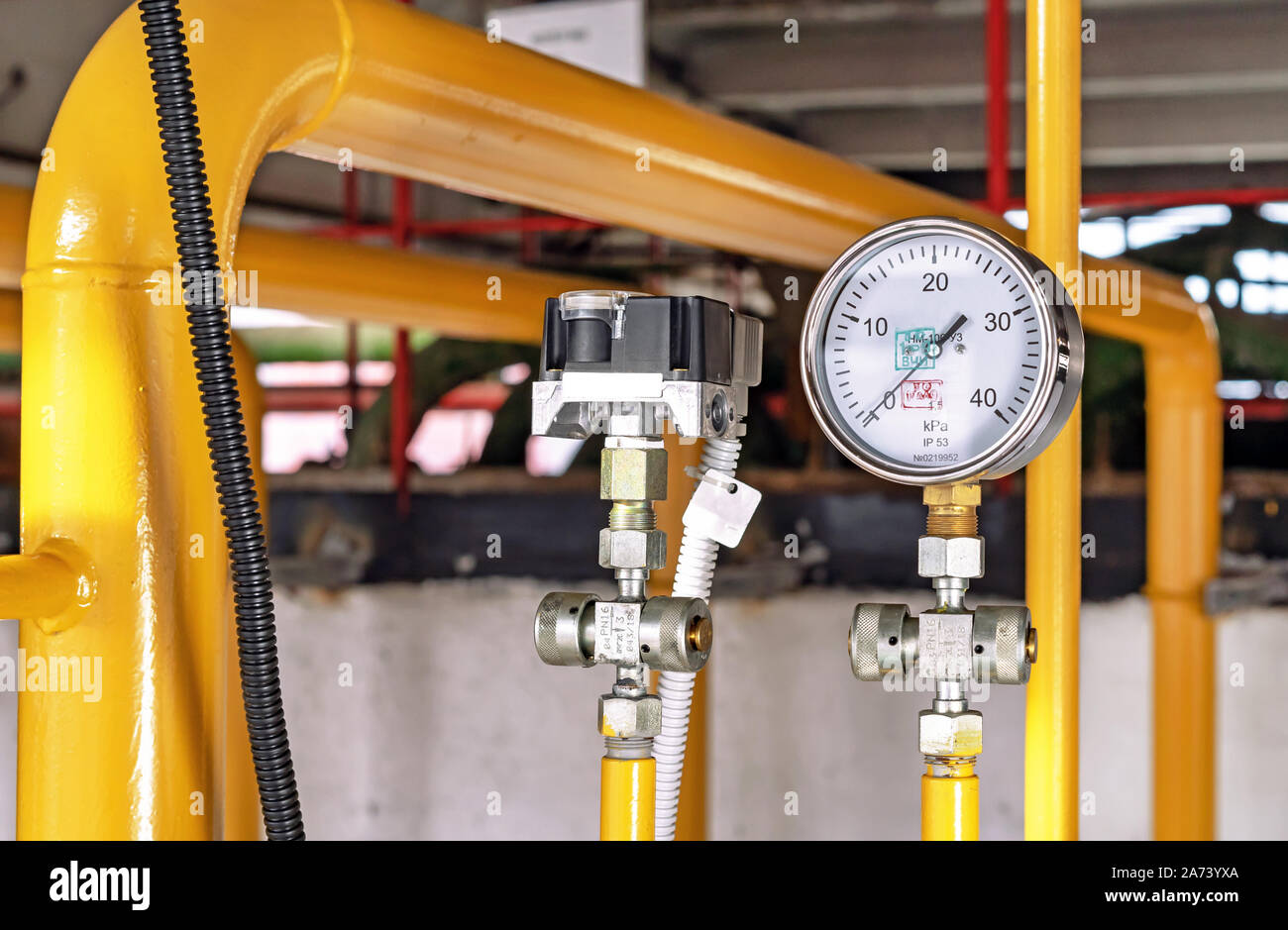 Manometer for measuring gas pressure in a gas pipeline. Gas boiler room equipment Stock Photo ...