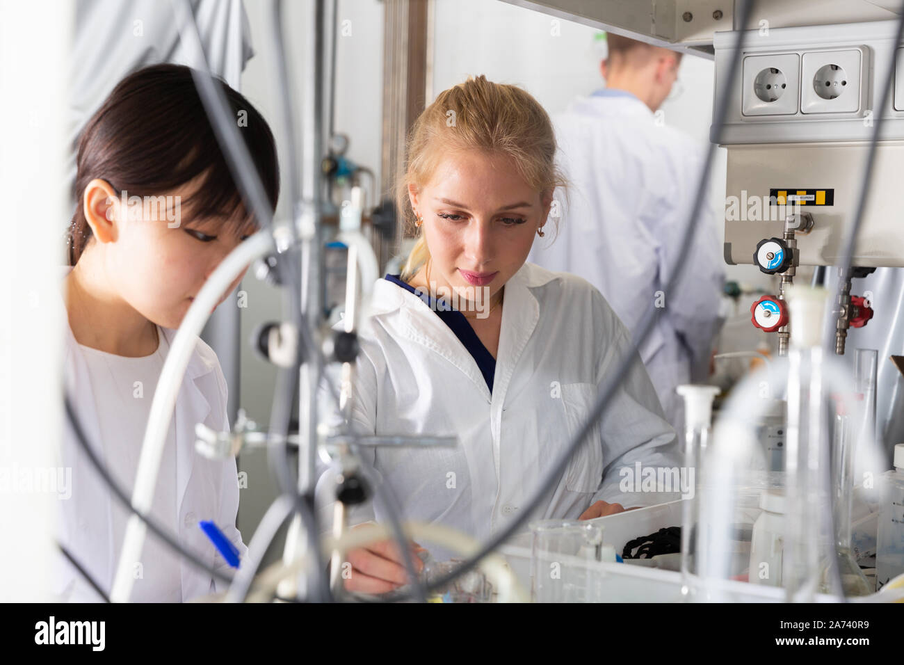 Young Caucasian and Asian students engaged in research at chemical lab ...