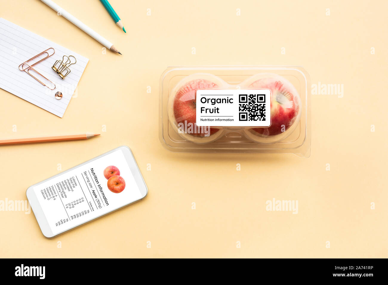 Nutrition information of organic fruit with apple in packaging and data ...