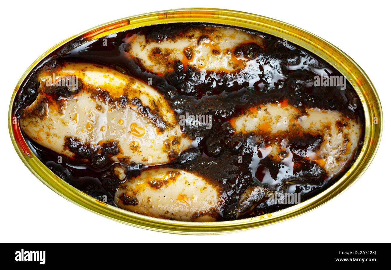 Can of preserves with whole stuffed squid in ink. Isolated over white ...