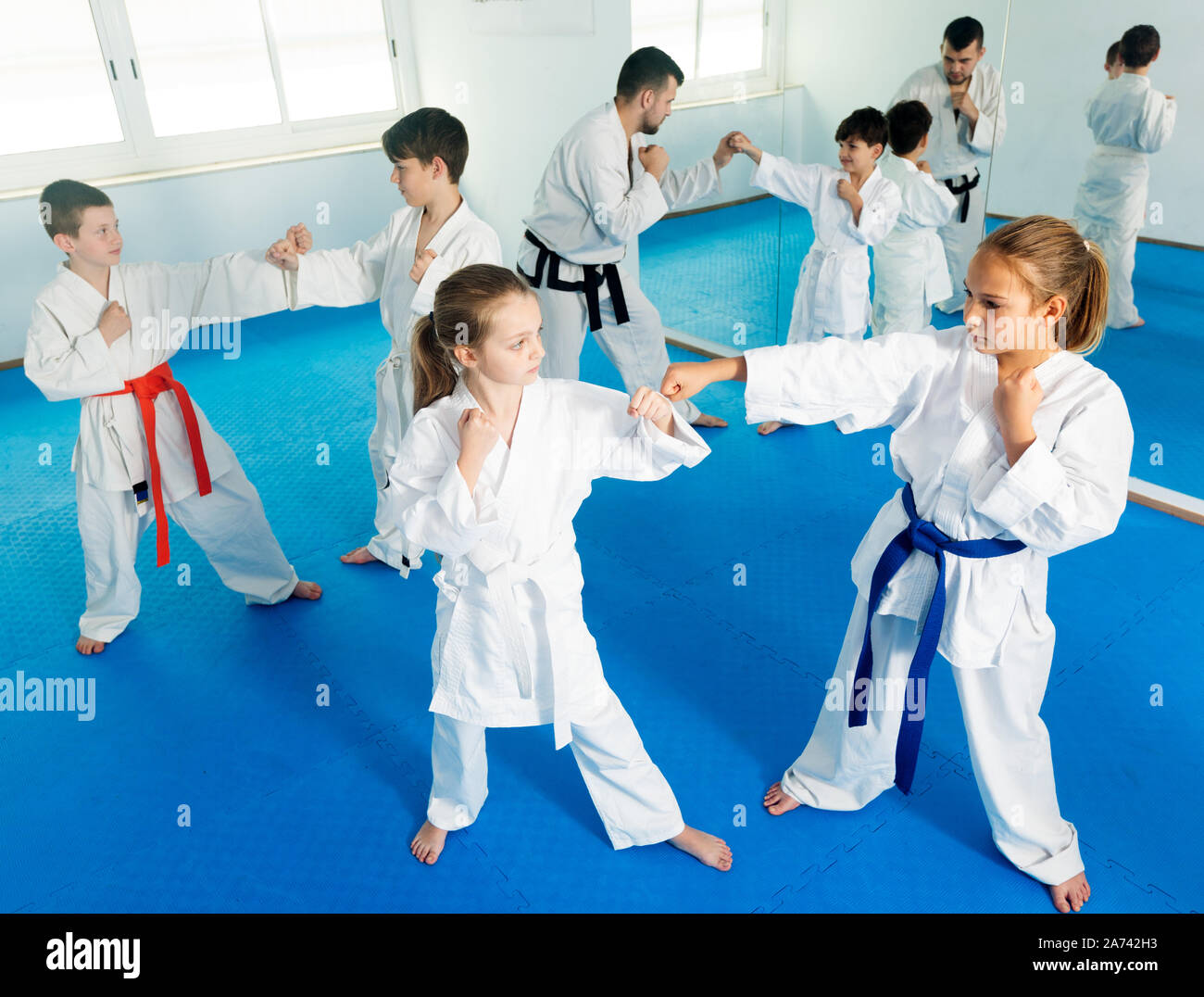 Smiling children training in pairs to practice new technique at karate ...