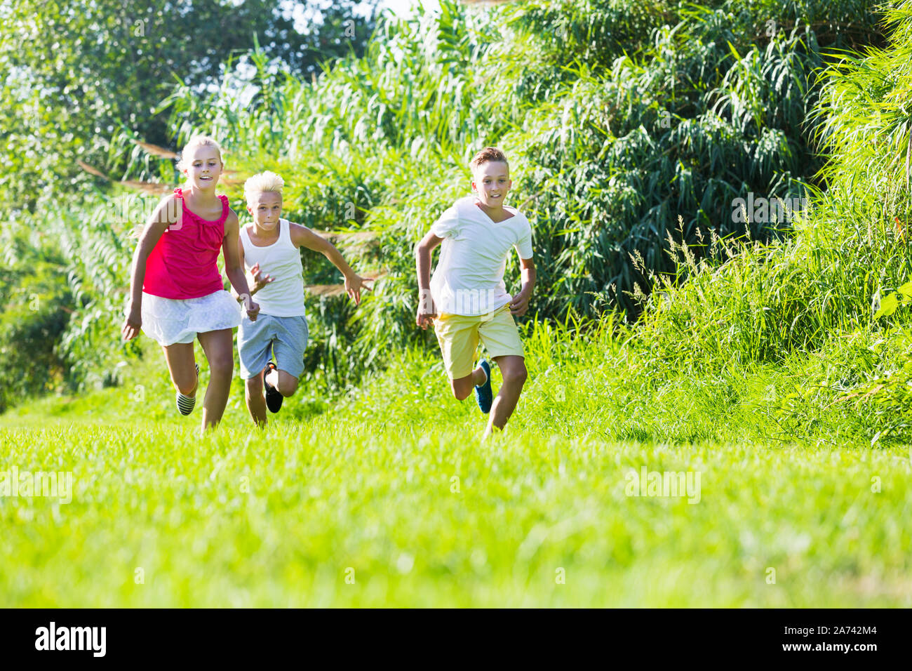 Three smiling kids playing active games in summer park chasing each ...
