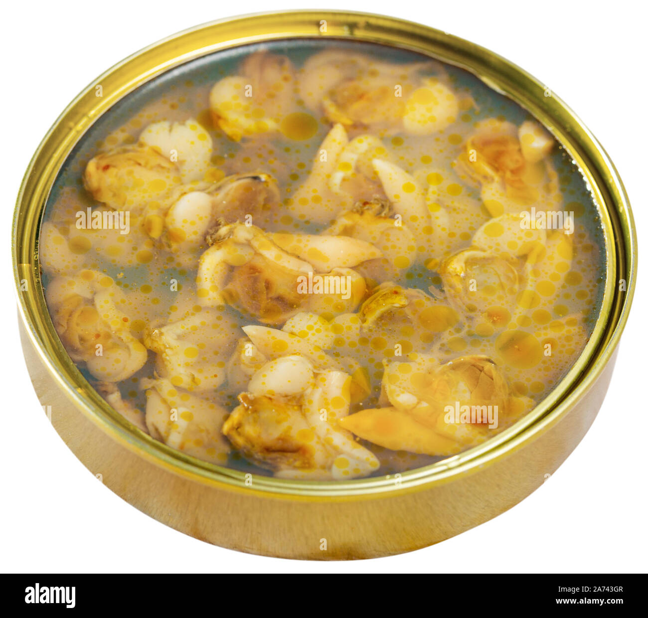 Marinated shellfish in an open tin can. Isolated over white background ...