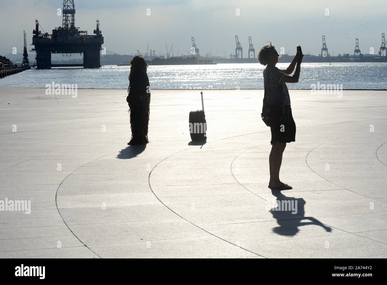 A man dressed as Chewbacca stands waiting as a woman photographs the ...
