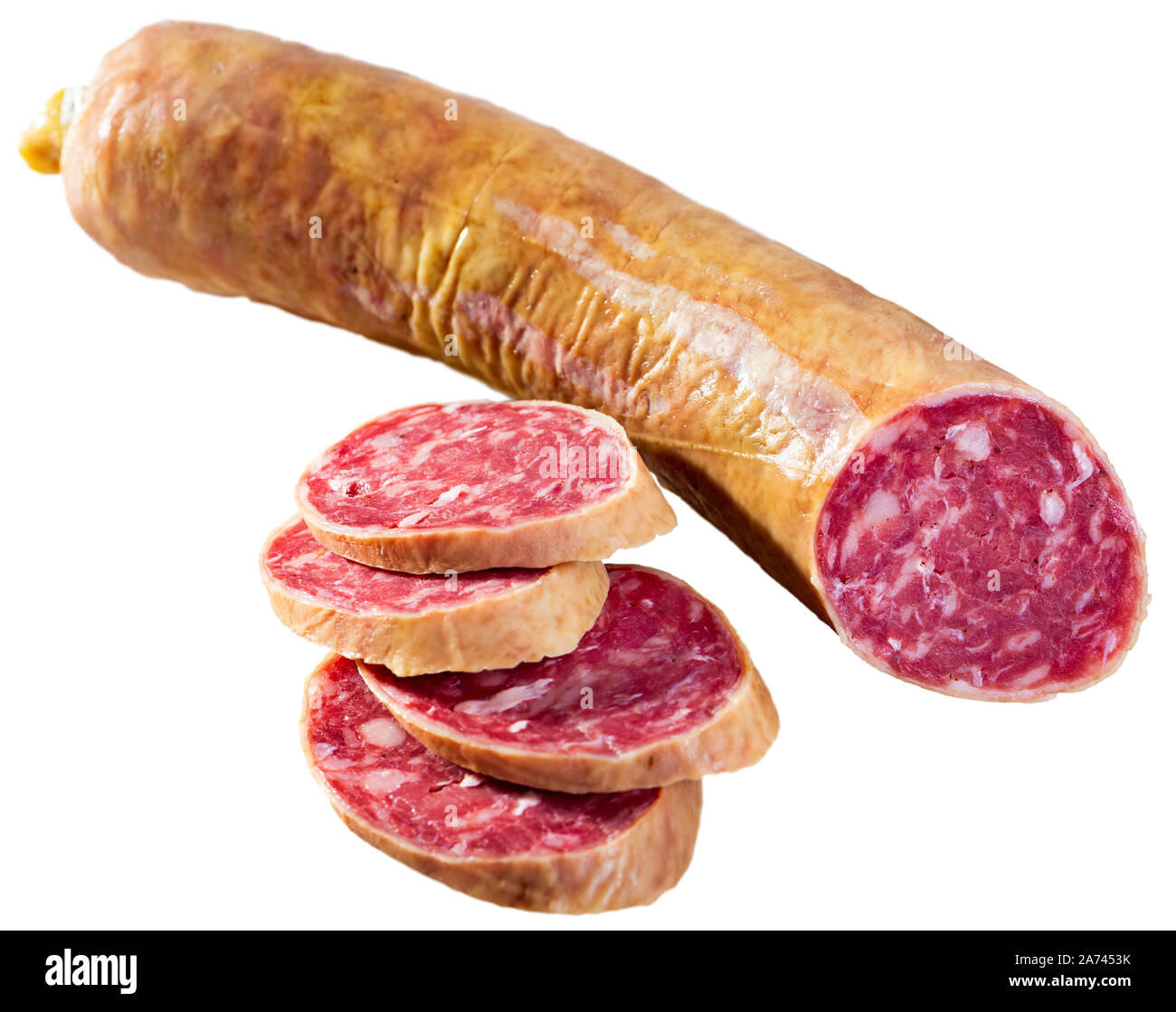 Popular Spanish salchichon sausage sliced. Isolated over white ...