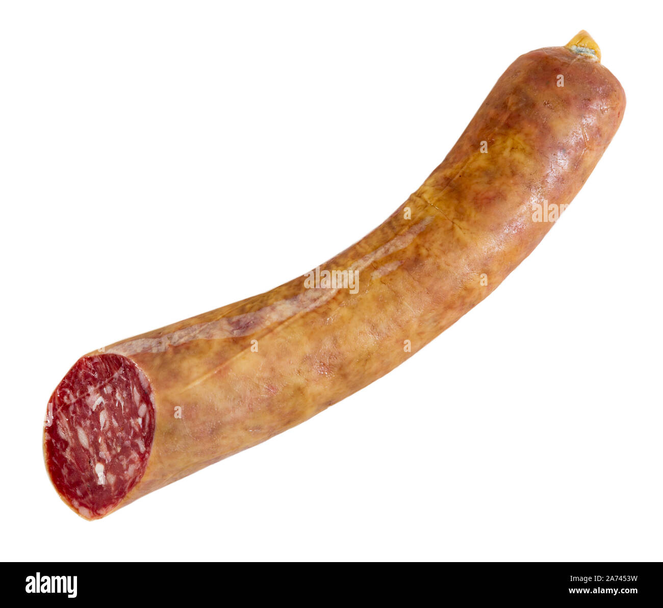 Spanish salchichon sausage, close-up. Isolated over white background ...