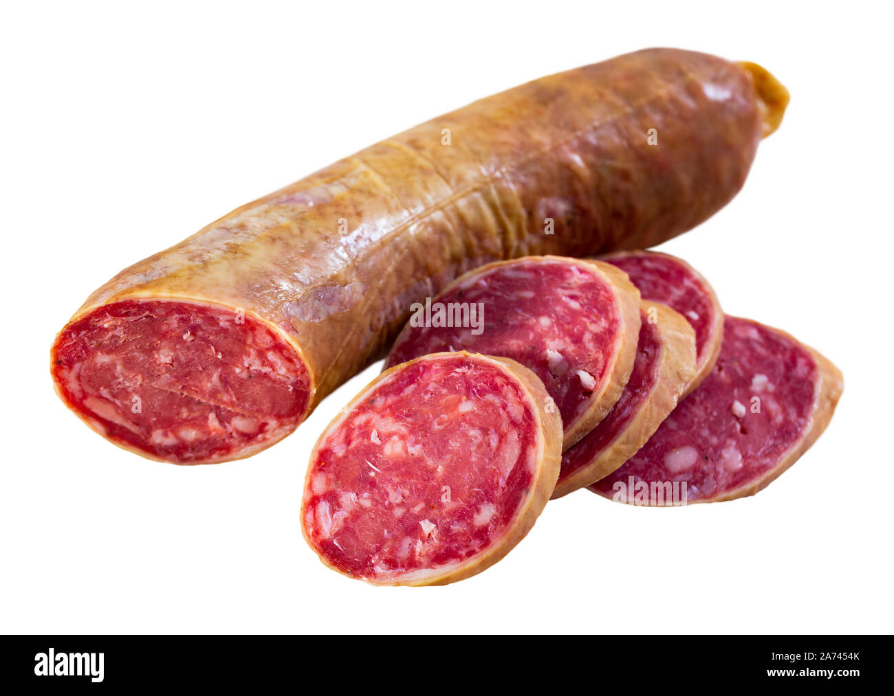 Sliced dry cured sausage Salchichon. Traditional Spanish meat products ...