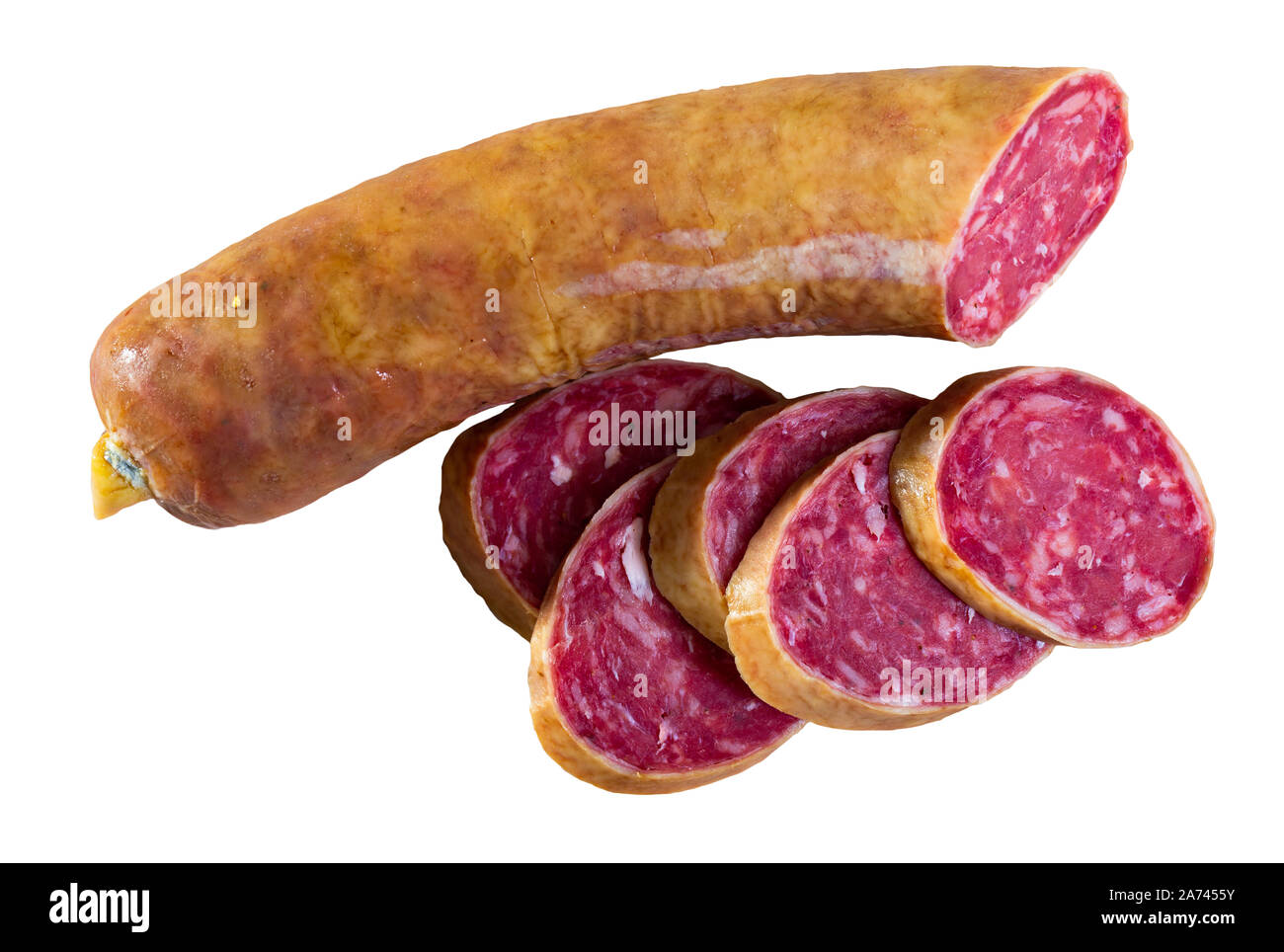 Homemade dried and smoked Salchichon sausage. Isolated over white ...