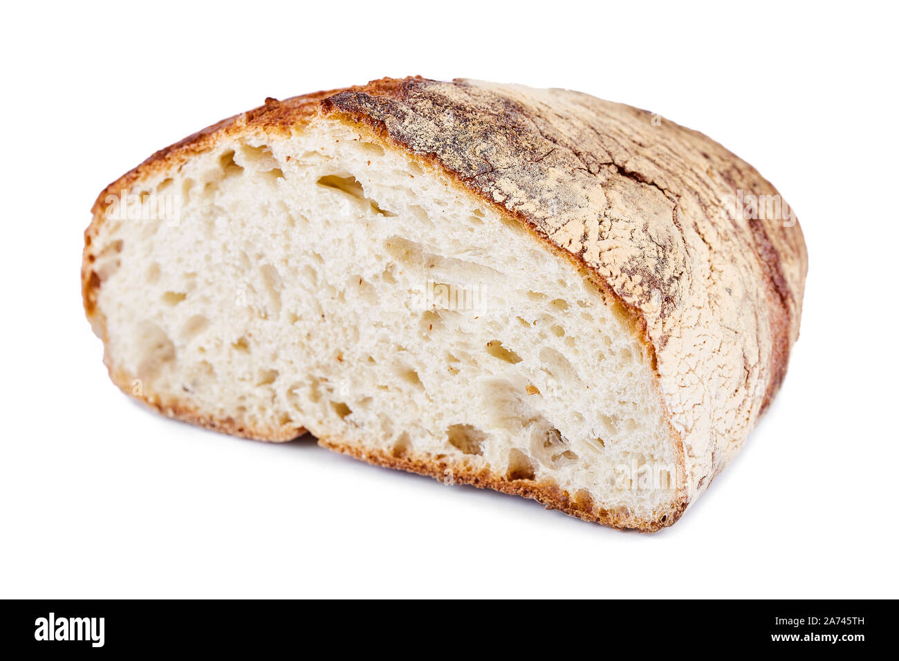 Cut homemade bread in three quarters isolated on white background Stock ...