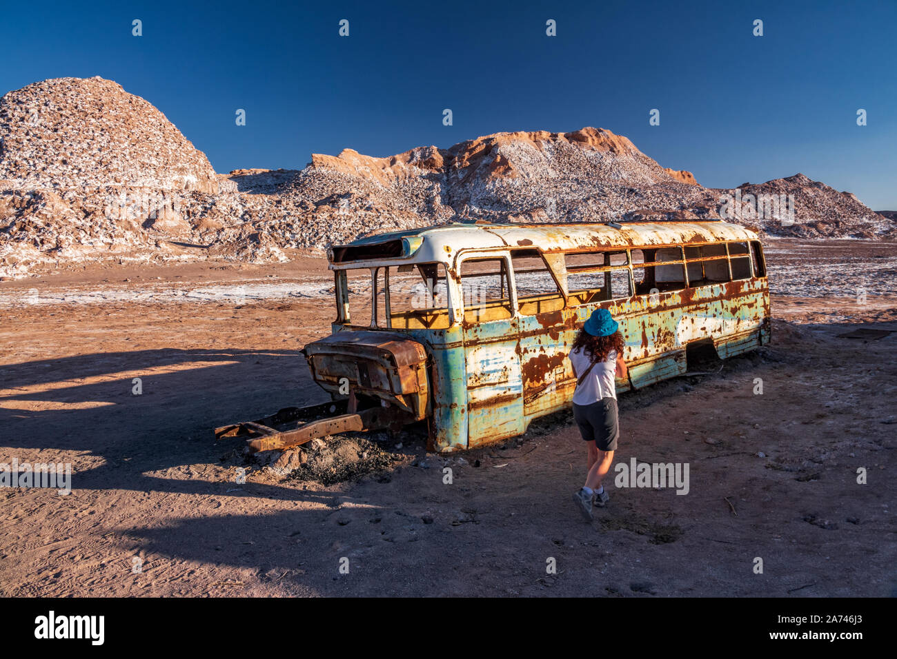 Unrecognizable tourist visits abandoned bus in the desert of Atacama ...