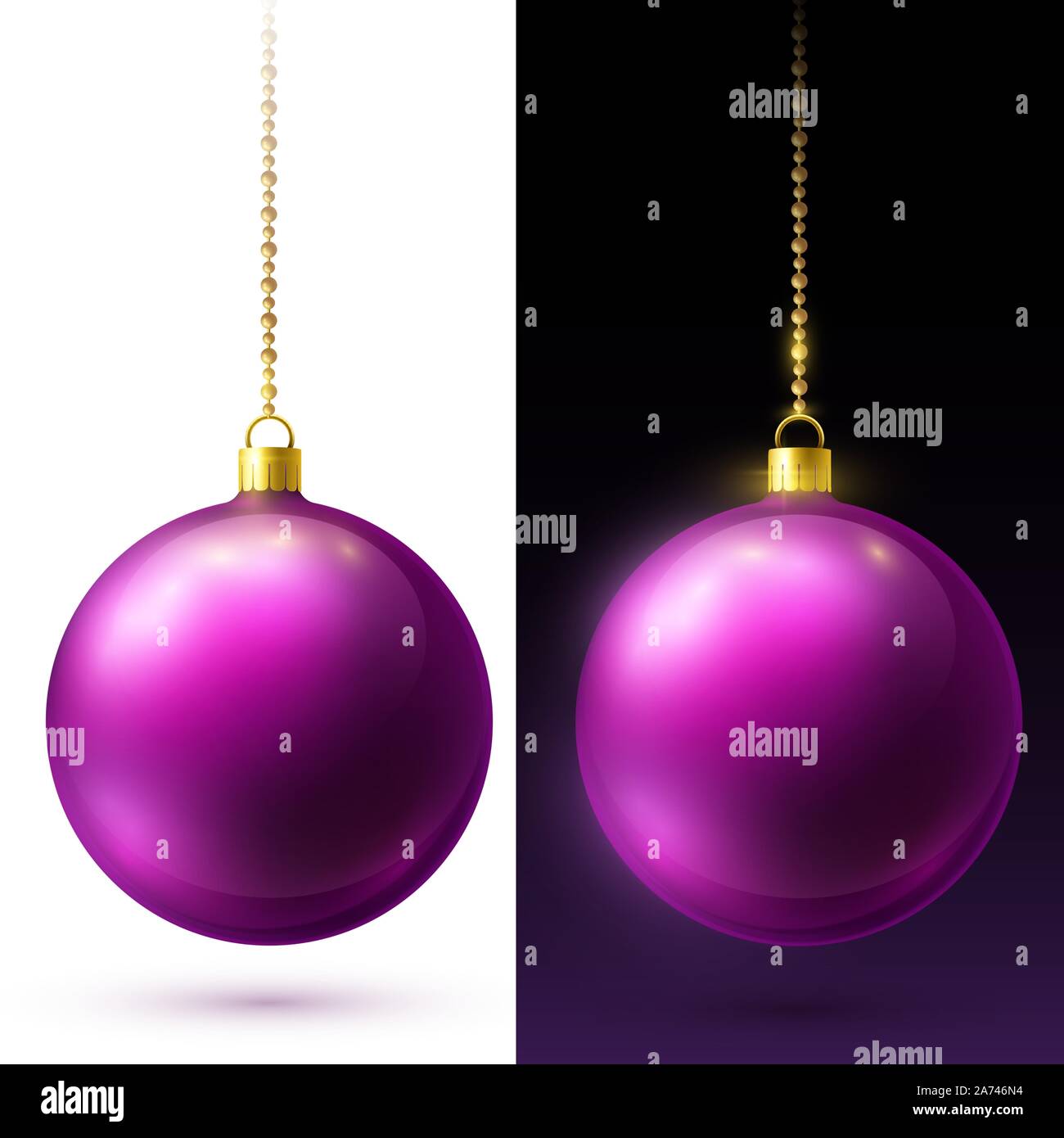 Realistic crimson matte Christmas balls hanging on gold beads chains ...