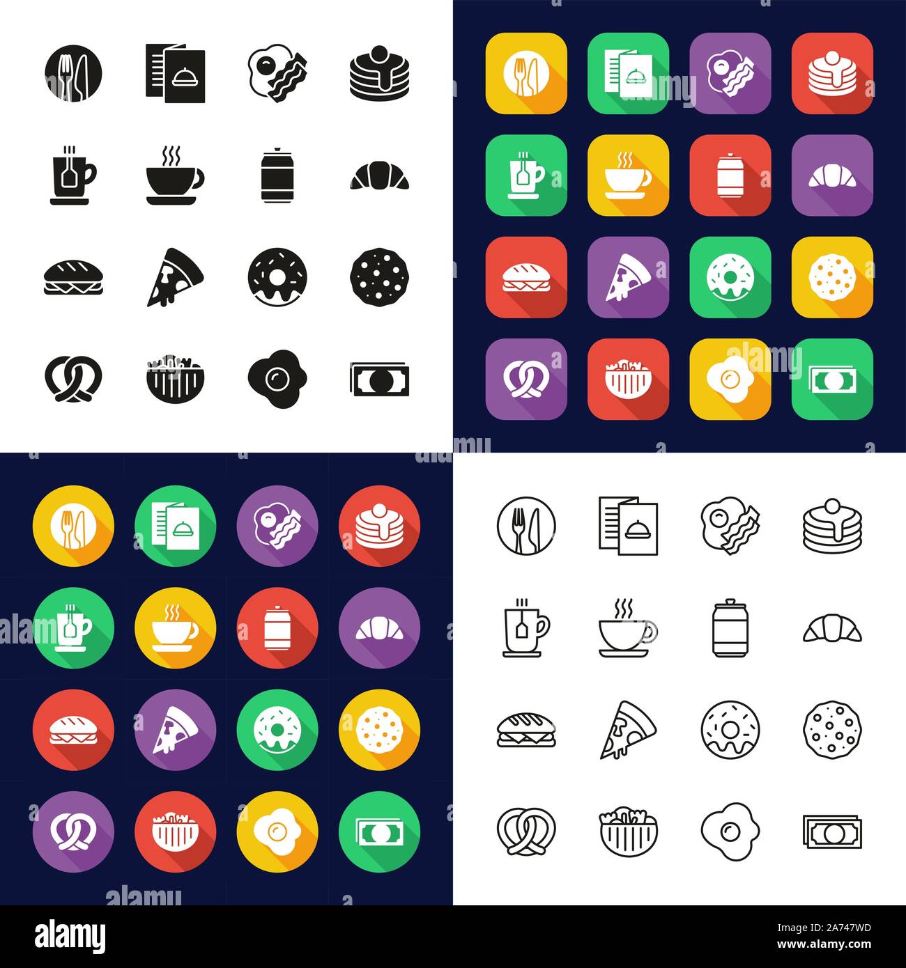 Breakfast Icons All in One Icons -Black & White-Color Flat Design-Thin Line- Set Stock Vector ...