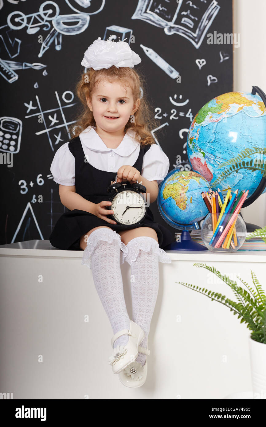 Children girl student study at school first of September, last day of ...