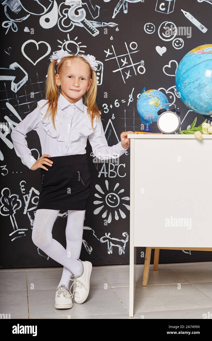 Children girl student study at school first of September, last day of ...