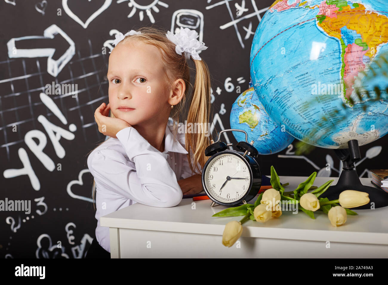 Children girl student study at school first of September, last day of ...