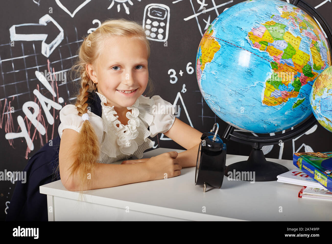 Children girl student study at school first of September, last day of ...