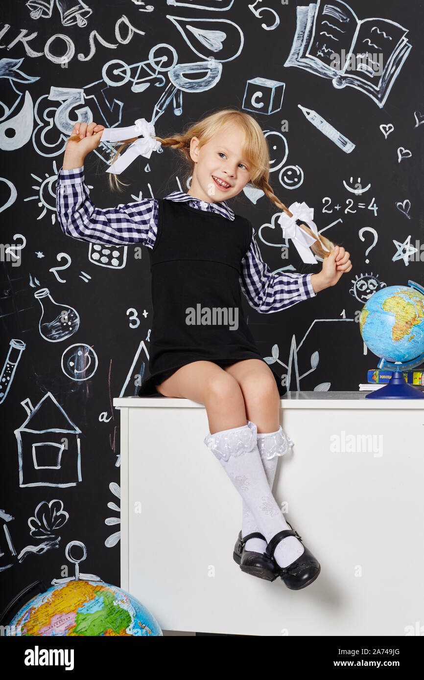 Children girl student study at school first of September, last day of ...