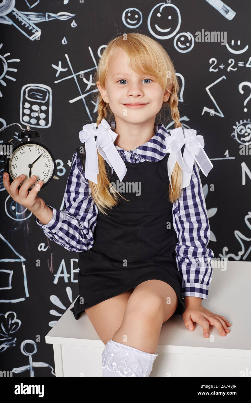 Children girl student study at school first of September, last day of ...