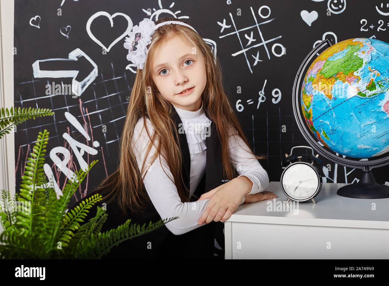 Children girl student study at school first of September, last day of ...