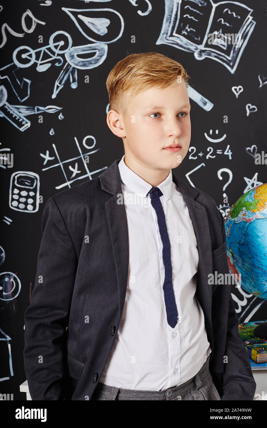 Children boy student study at school first of September, last day of ...