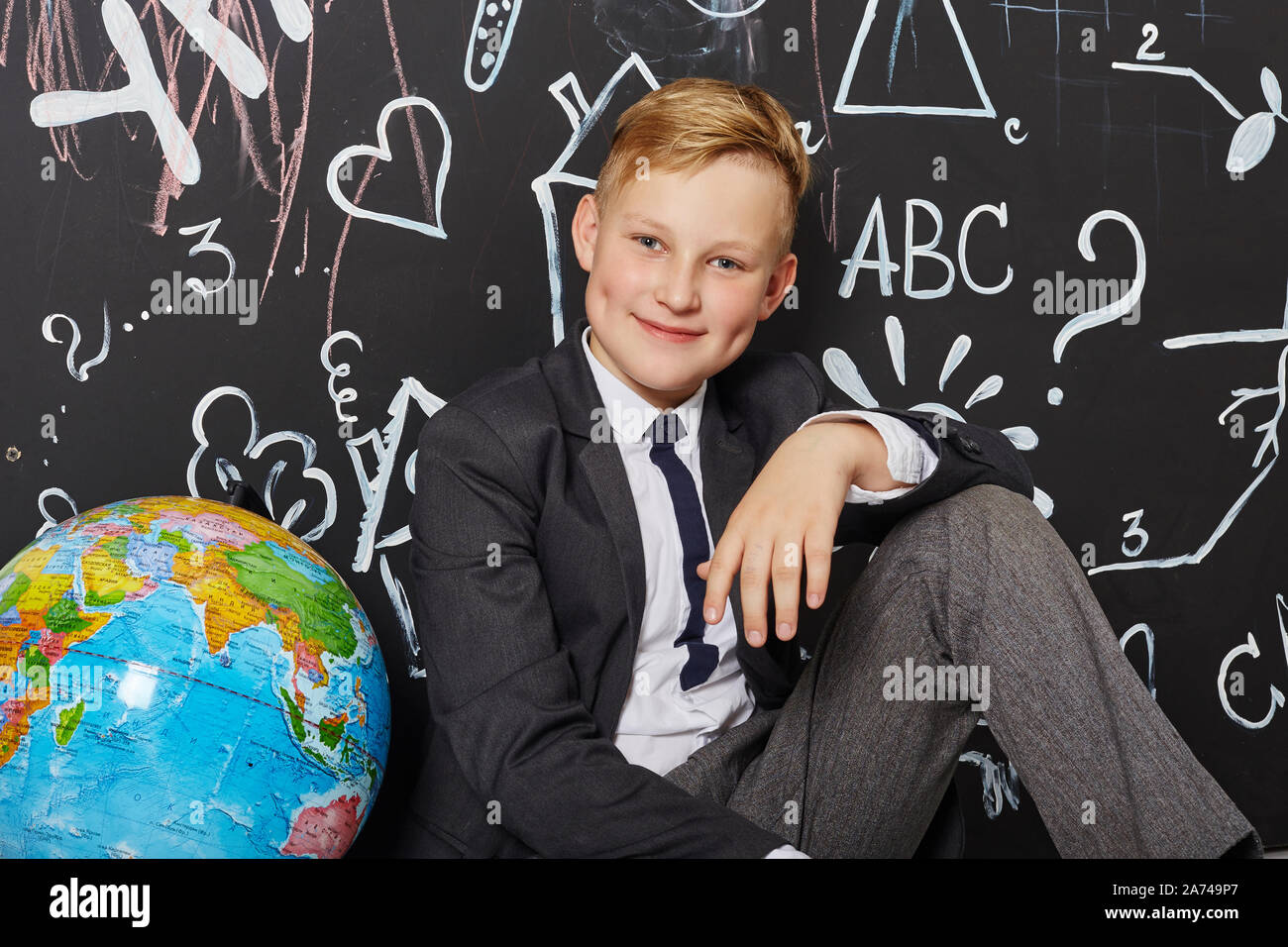 Children boy student study at school first of September, last day of ...