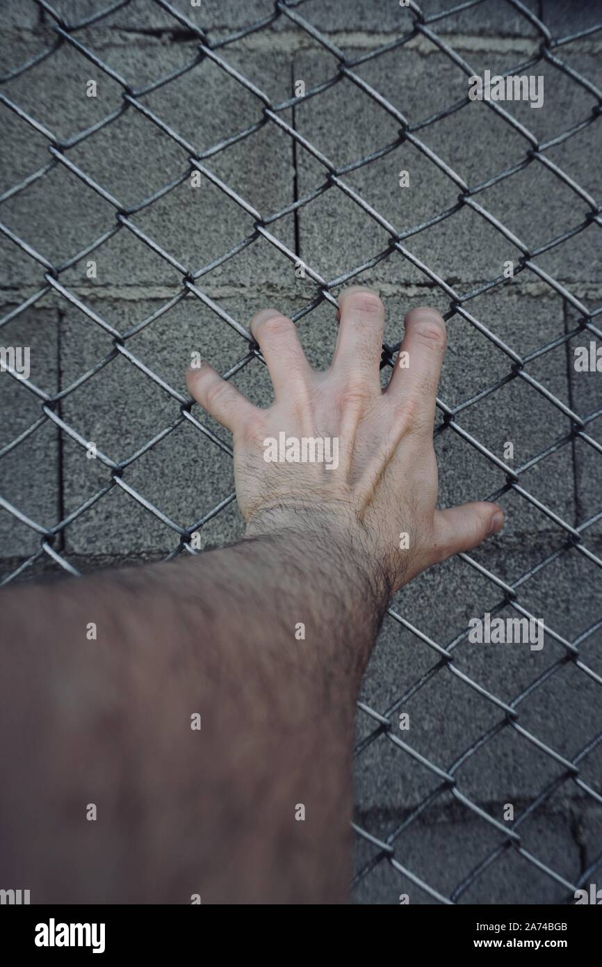 man hand grabbing a metallic fence Stock Photo - Alamy