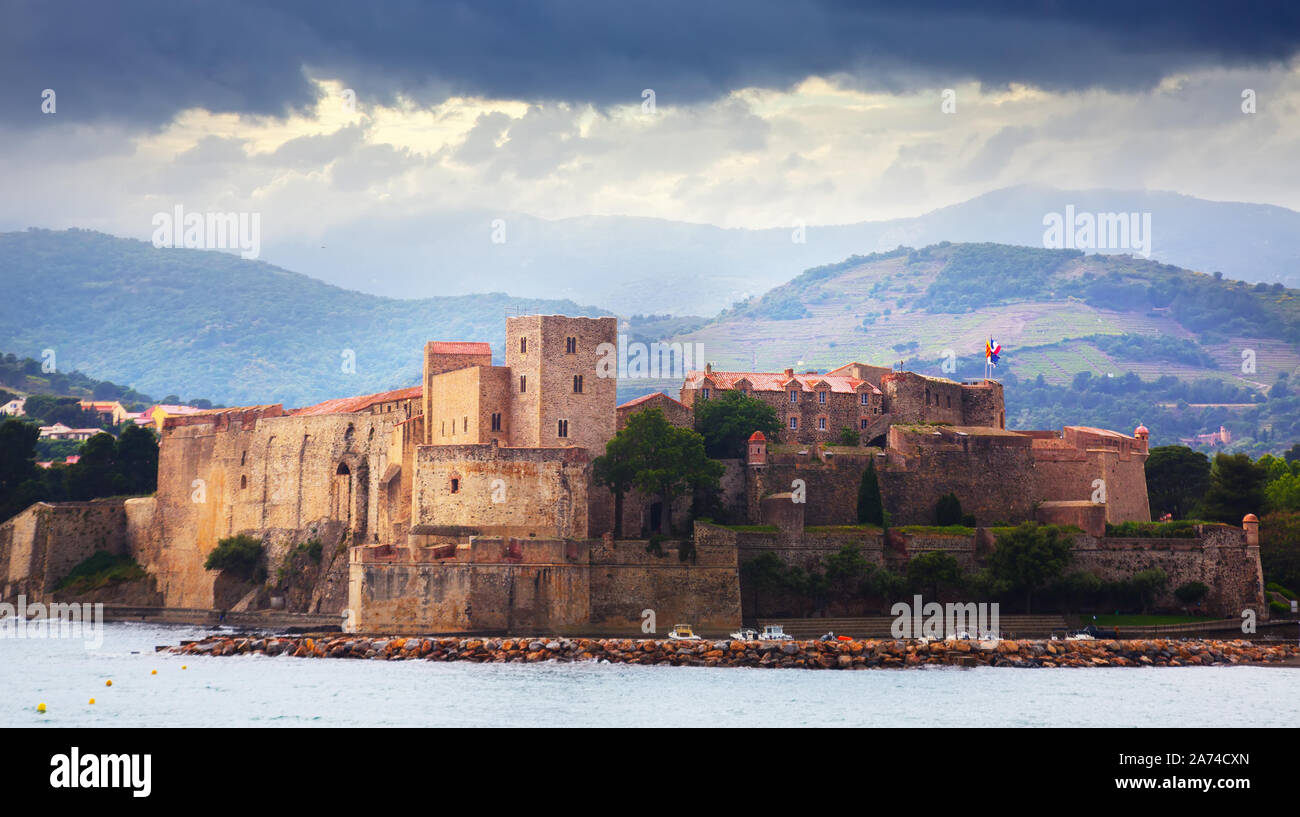 Photography of french seafront and stone castle in Collioure Stock ...