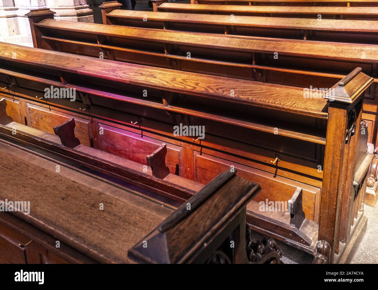 View of a row of empty pews in a historic church | usage worldwide ...