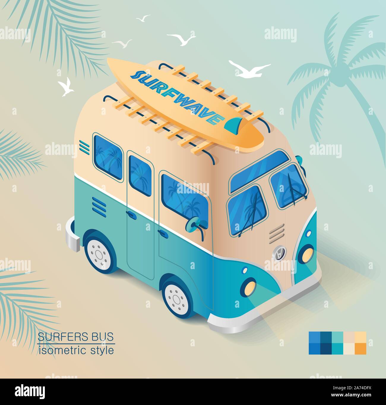 Old bus on the beach with surfboard in isometric style drawn. Summer ...