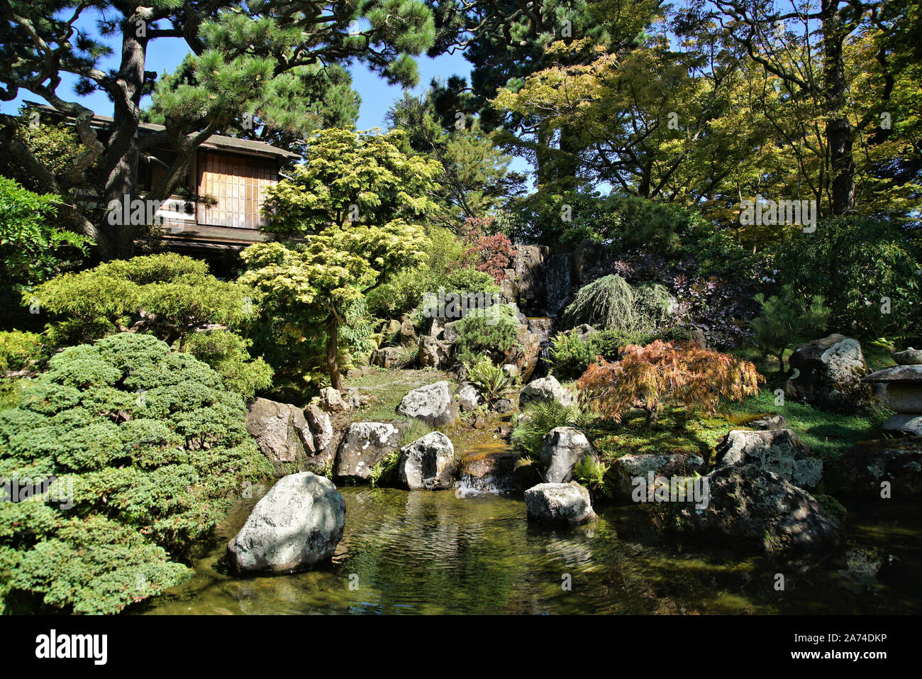 Scene from the walkway of a beautiful majestic peaceful Japanese garden ...