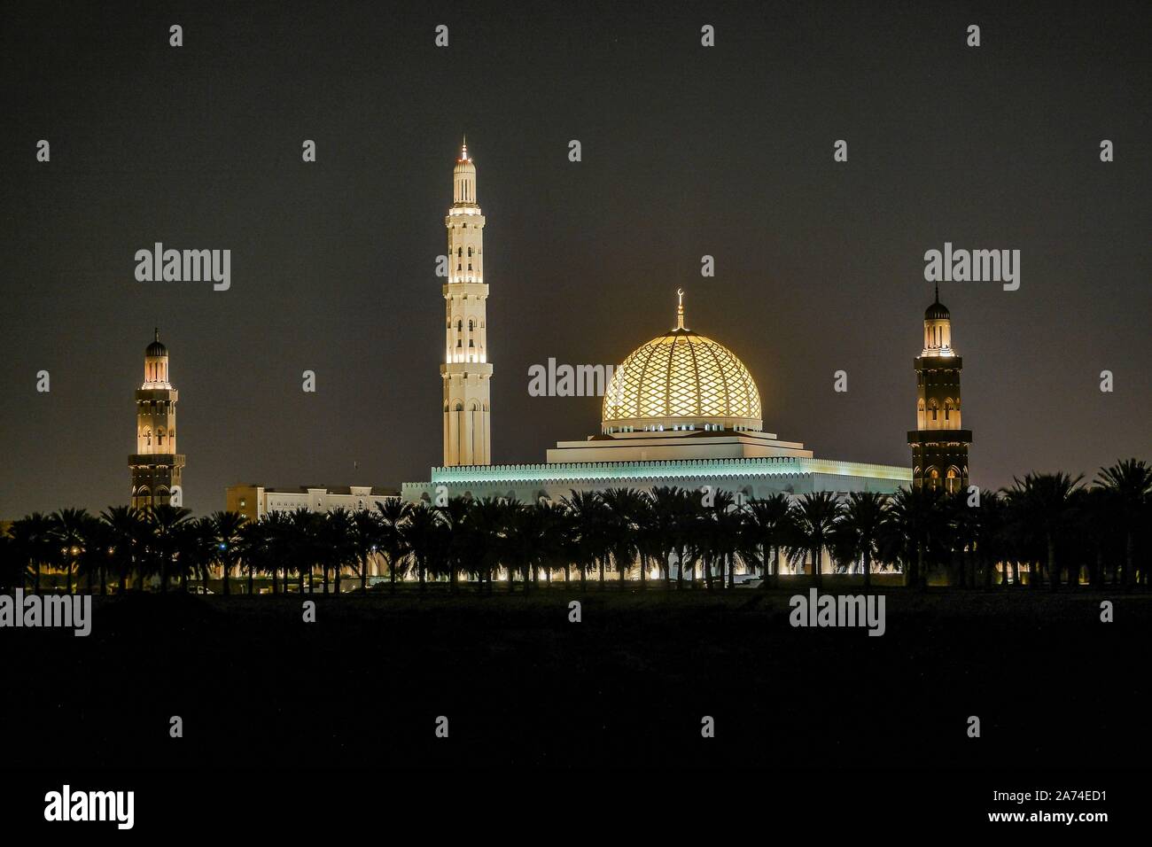 Muscat, Oman Sultan Qaboos Grand Mosque at night | usage worldwide ...